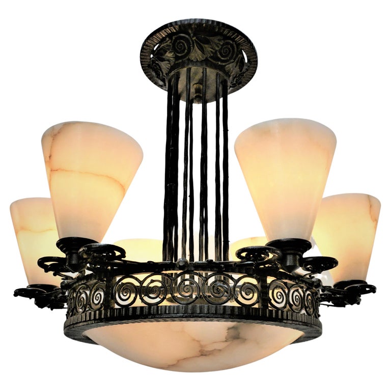 Edgar Brandt French Iron and Alabaster Chandelier For Sale at 1stDibs