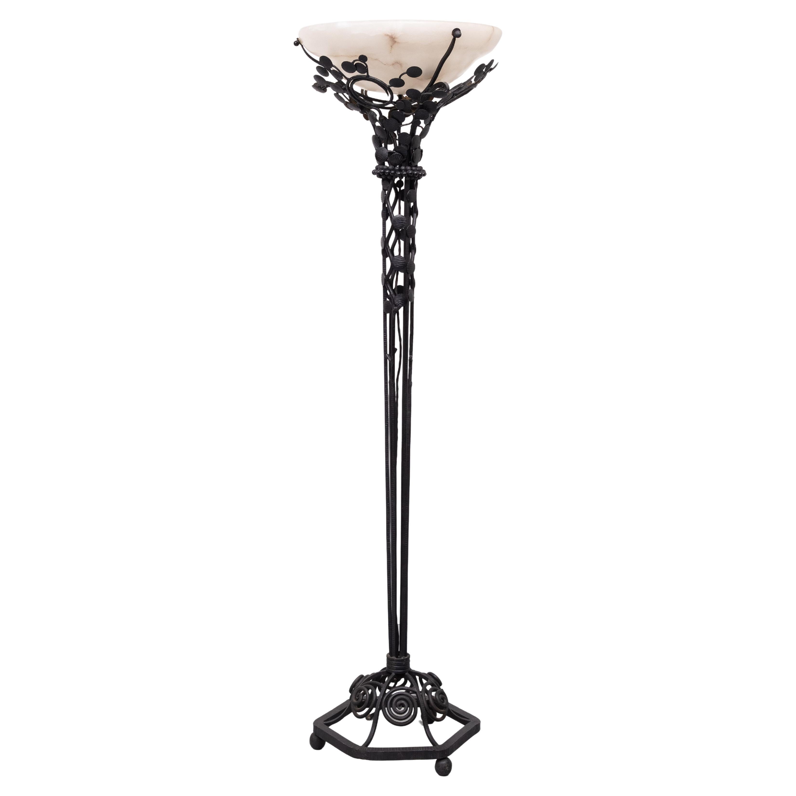 Edgar Brandt style Art Deco floor lamp in wrought iron with alabaster ...