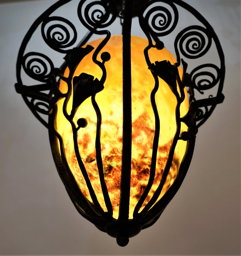 Edgar Brandt Stylewrought Iron with Sign Daum Nancy Glass Chandelier at ...