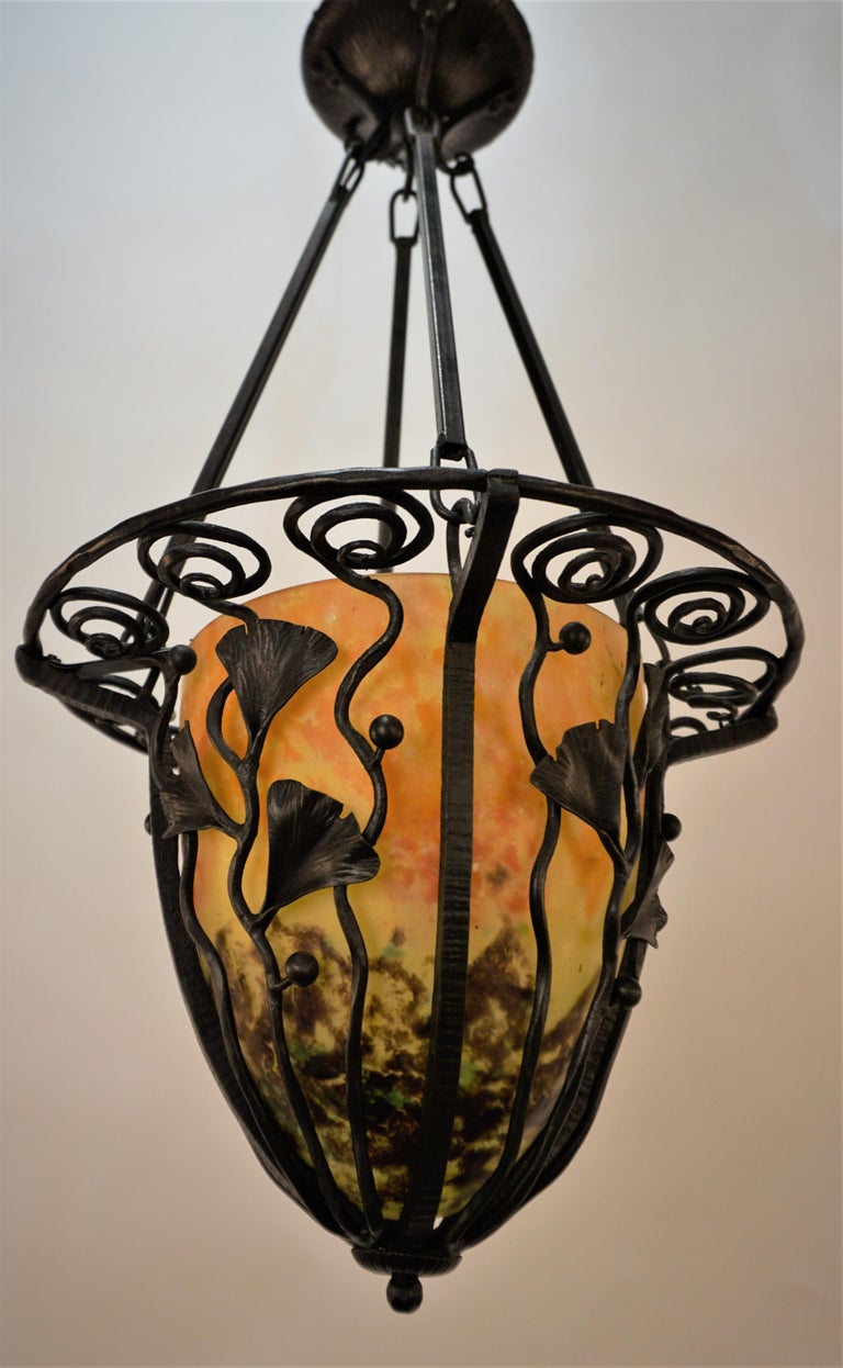 Edgar Brandt Stylewrought Iron with Sign Daum Nancy Glass Chandelier at ...