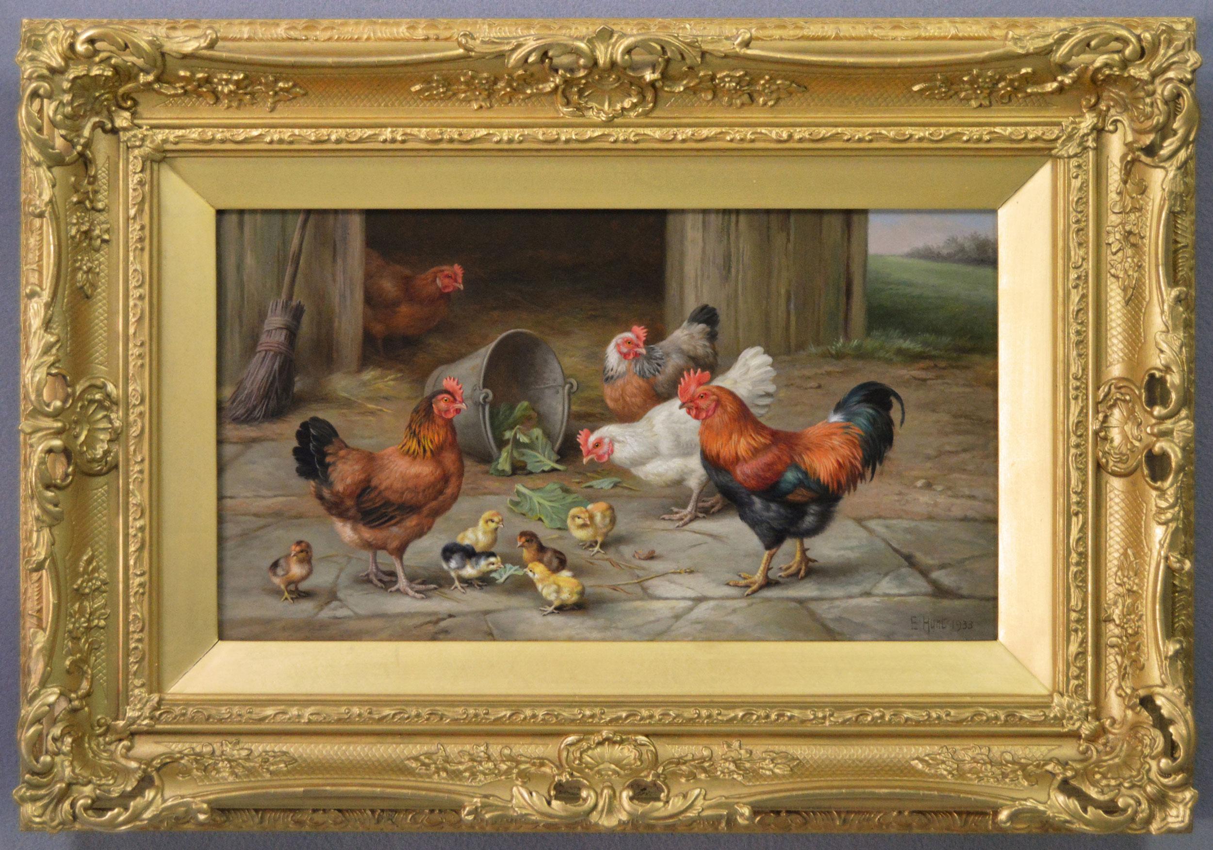 Edgar Hunt - Animal oil painting of a cockerel, chickens and chicks For ...