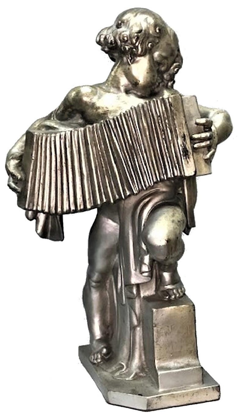 Edgardo Simone, Accordion Player, Art Deco Silvered Plaster Sculpture ...
