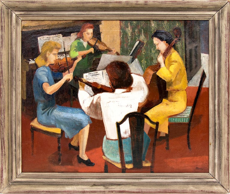 Edith Barry - 1930s Modernist Interior Scene with Four Figures Playing ...