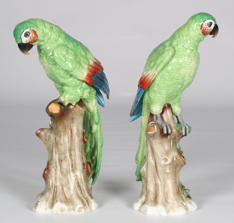 Edme Samson Porcelain Parrots on Trunks in Green at 1stDibs
