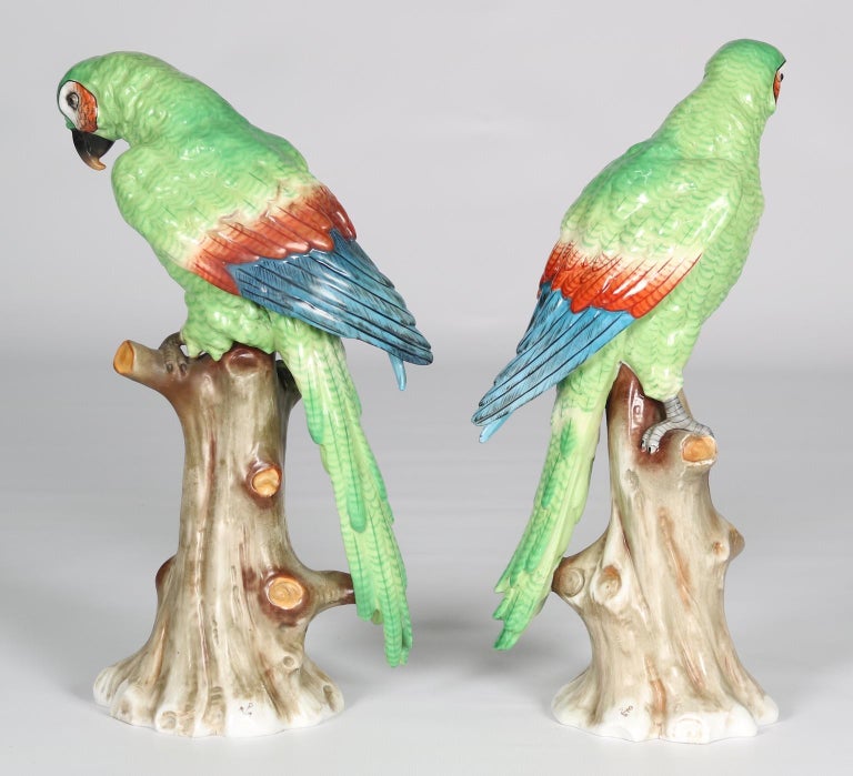 Edme Samson Porcelain Parrots on Trunks in Green at 1stDibs