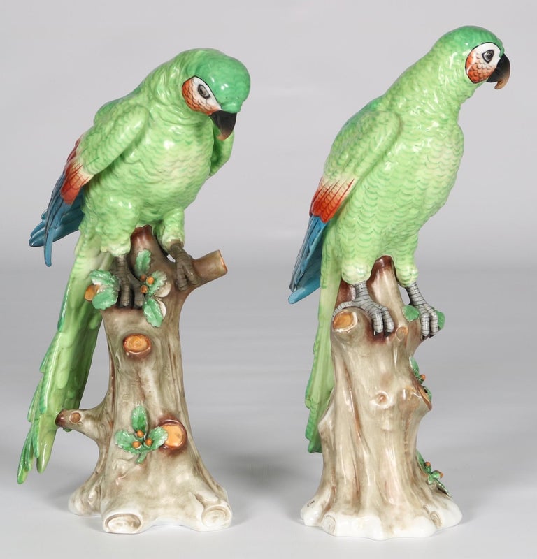 Edme Samson Porcelain Parrots on Trunks in Green at 1stDibs