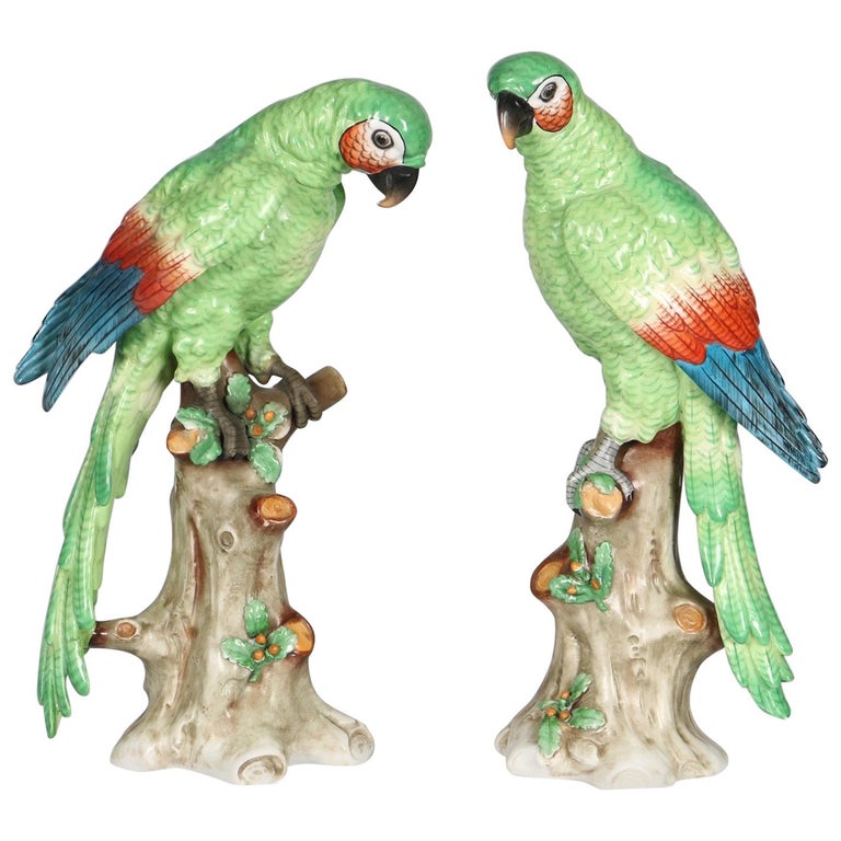 Edme Samson Porcelain Parrots on Trunks in Green at 1stDibs