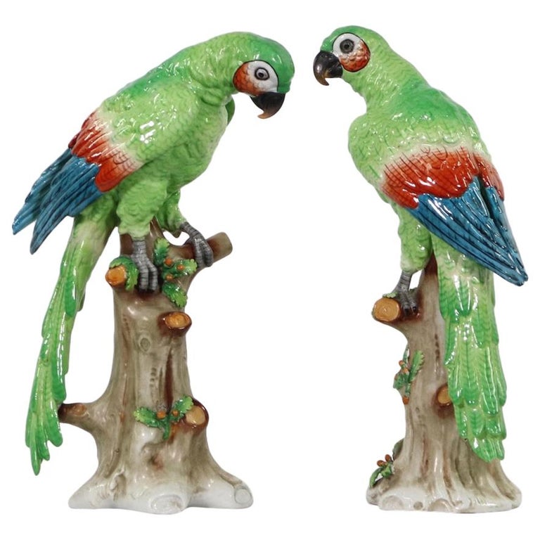 Edme Samson Porcelain Parrots on Trunks in Green at 1stDibs