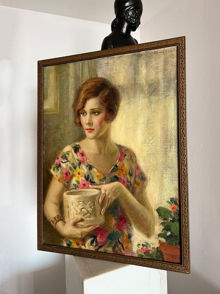 Edna Crompton - Woman in Floral Pattern Dress Holding a Pot in Warm ...