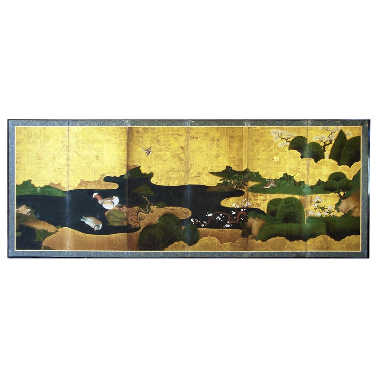 Edo 18th Century Japanese Folding Screen Six Panels Golden Leaf ...