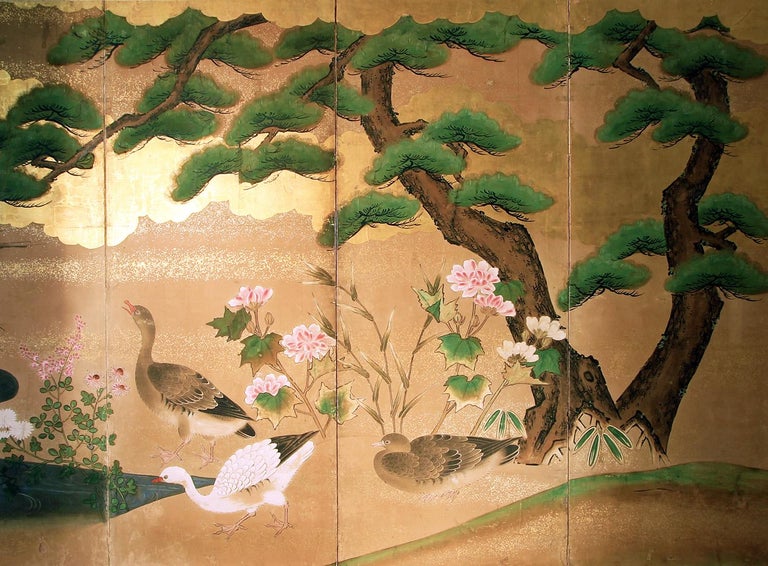 Edo Japanese Folding Screen Gold Leaf Six Panels, Decorative Asian ...