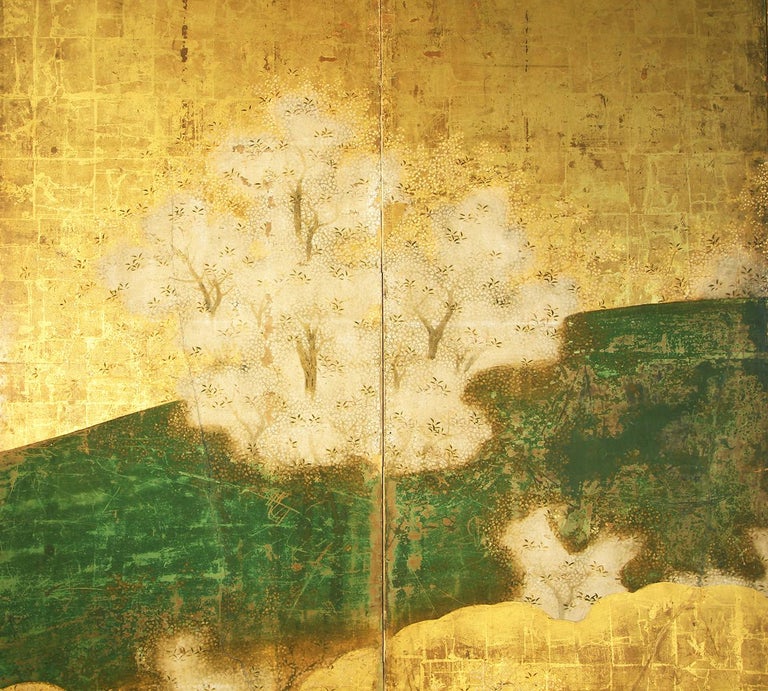 Edo Japanese Folding Screen Hand Painted on Gold Leaf. For Sale at 1stDibs