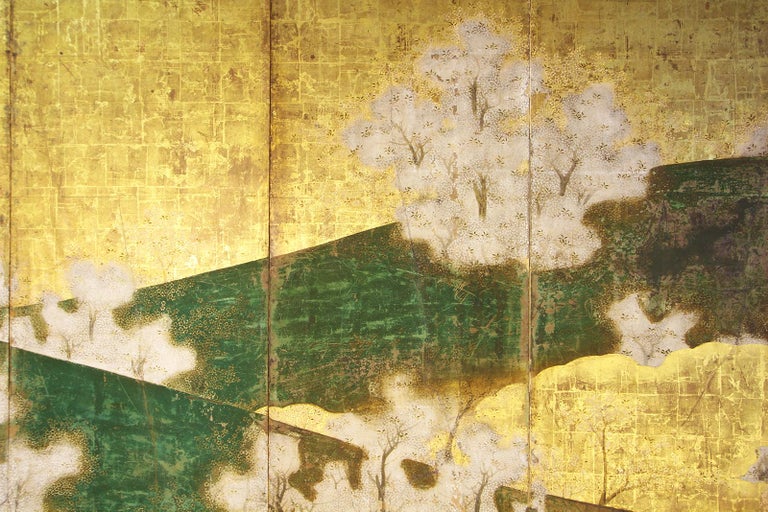 Edo Japanese Folding Screen Hand Painted on Gold Leaf. For Sale at 1stDibs