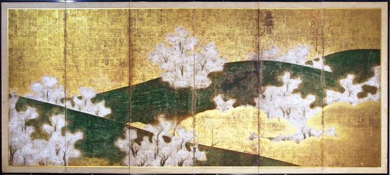Edo Japanese Folding Screen Hand Painted on Gold Leaf. For Sale at 1stDibs