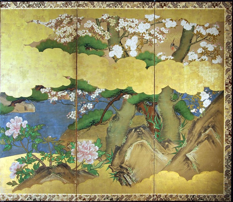 Edo Japanese Folding Screen, Six Panels of "Rinpa School" at 1stDibs