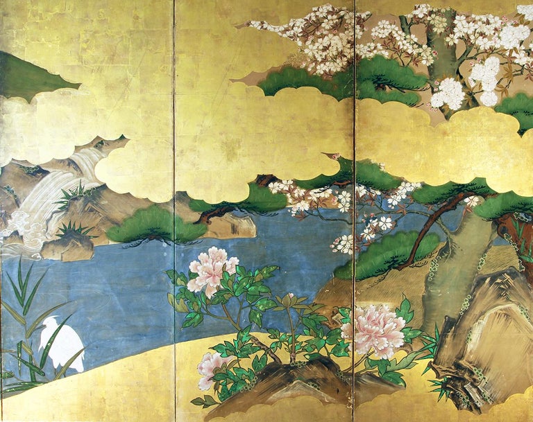 Edo Japanese Folding Screen, Six Panels of "Rinpa School" at 1stDibs
