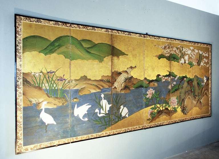 Edo Japanese Folding Screen, Six Panels of "Rinpa School" at 1stDibs