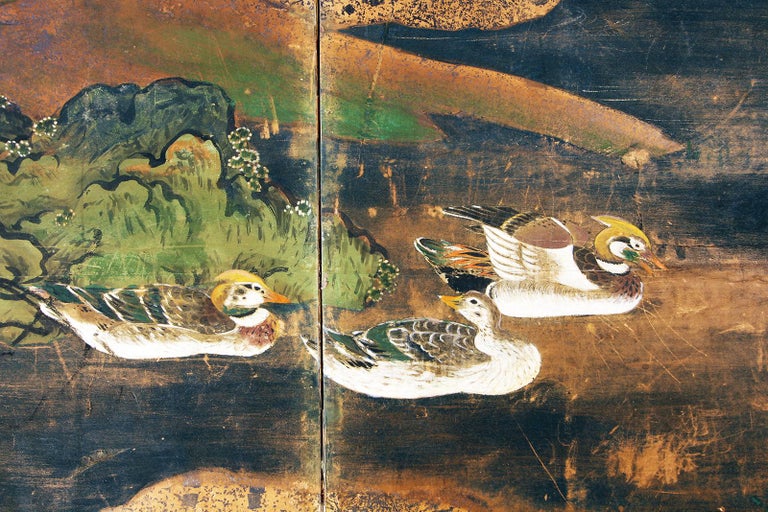 Edo Japanese Two Panel Screen, Landscape with Ducks For Sale at 1stDibs