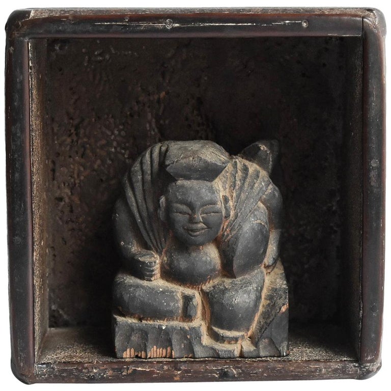 Edo Period Japanese Old Wooden Buddha Statue ''Ebisu'' and Box ''Masu ...