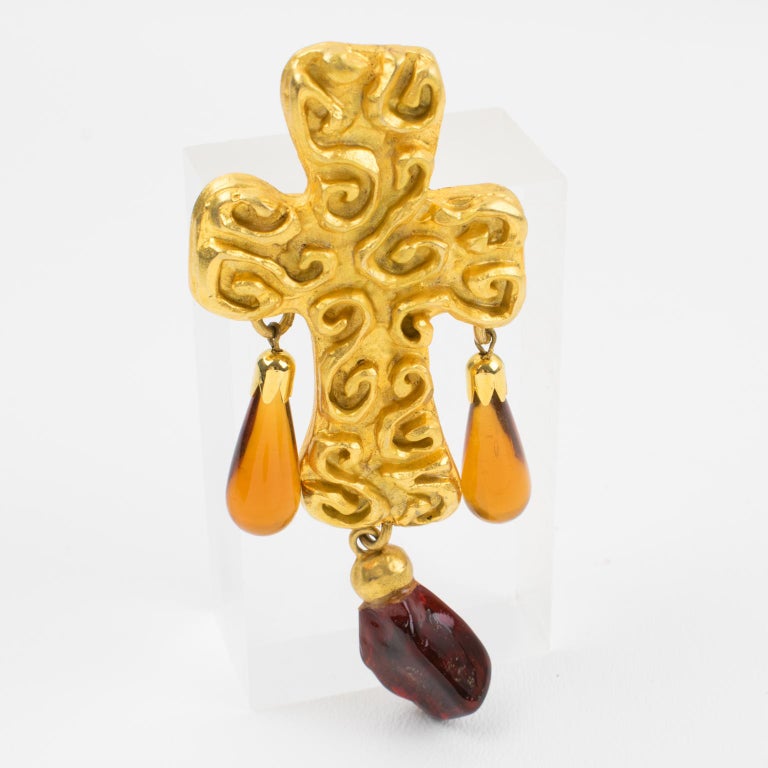 Edouard Rambaud Byzantine Dangle Cross Pin Brooch Amber Resin Drop For ...
