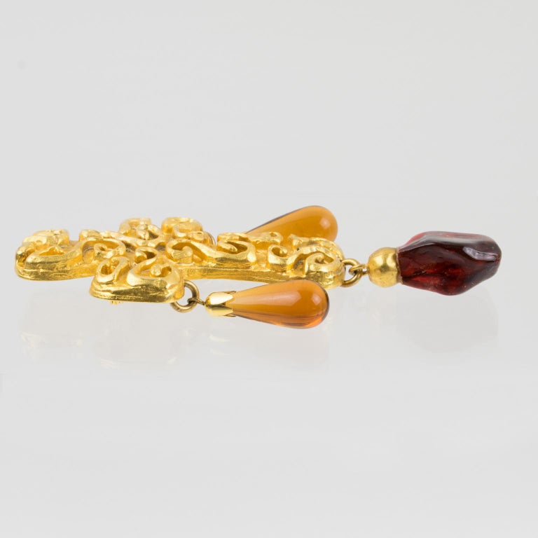 Edouard Rambaud Byzantine Dangle Cross Pin Brooch Amber Resin Drop For ...
