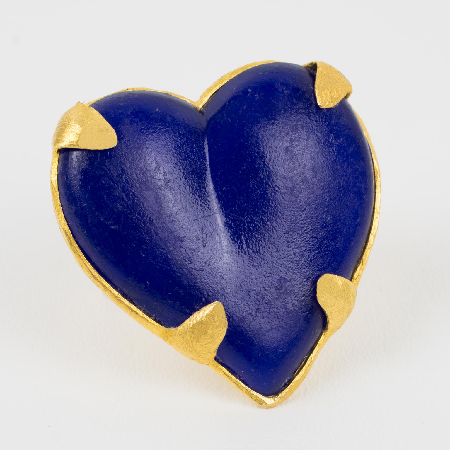 Edouard Rambaud Paris Gilt Metal and Cobalt Blue Resin Heart Pin Brooch ...