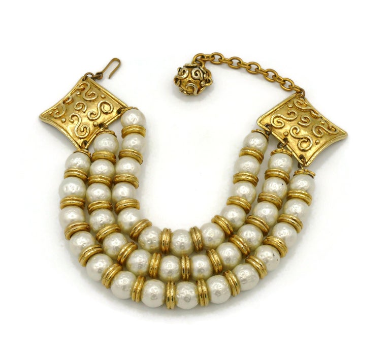 Edouard Rambaud Vintage Three Strand Pearl Choker Necklace For Sale at ...
