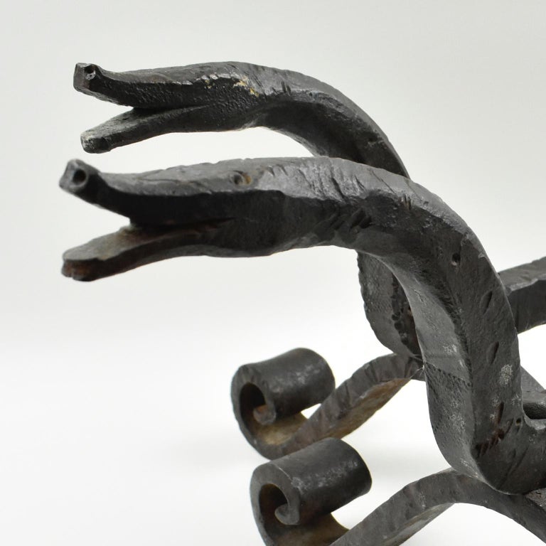 Edouard Schenck Style Snake Head Wrought Iron Andirons at 1stDibs
