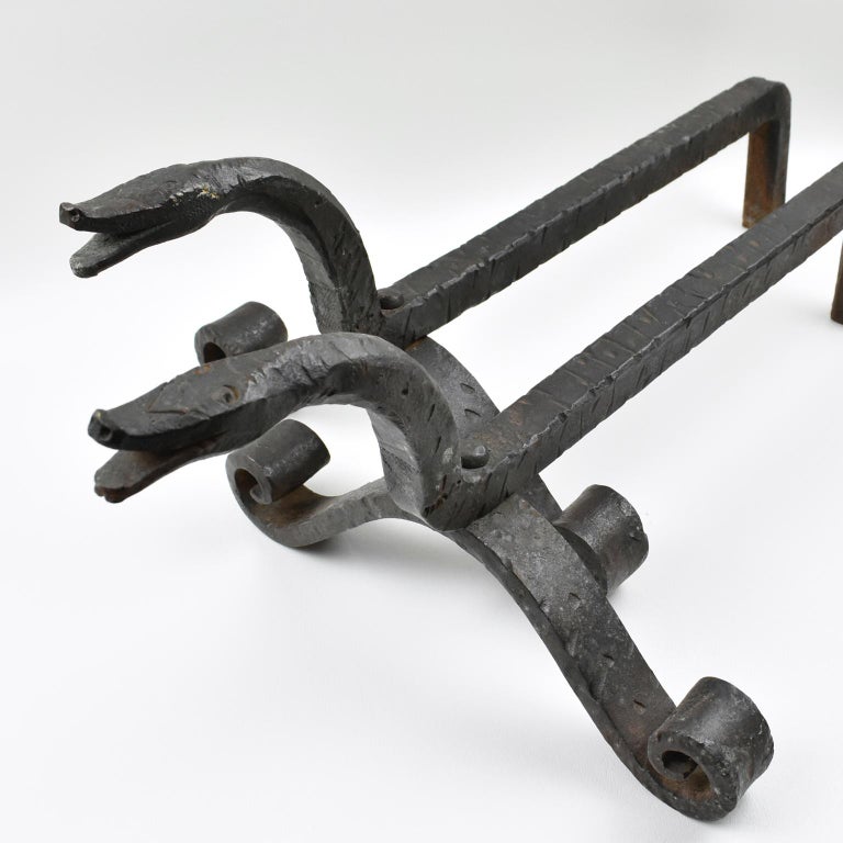 Edouard Schenck Style Snake Head Wrought Iron Andirons at 1stDibs