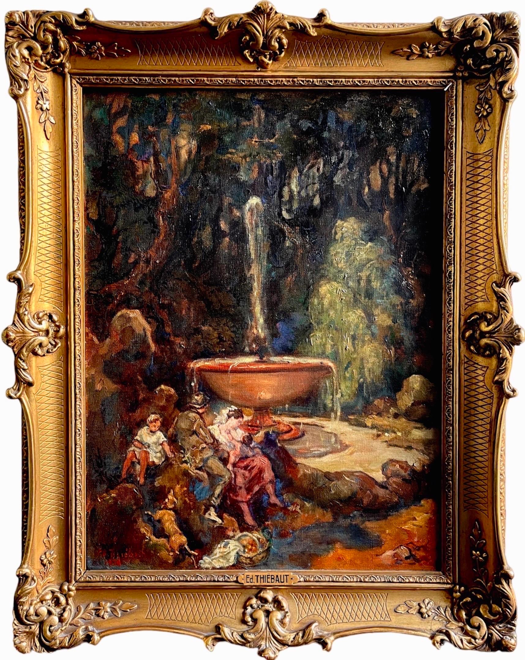 Edouard Thiébaut - Romantic Post Impressionist Oil - Family get-together in the park in 1929 For ...