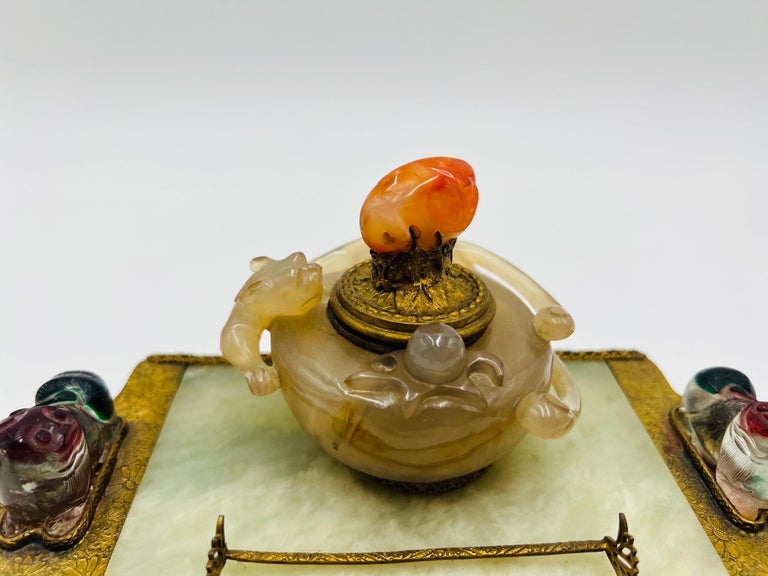 Edward Farmer Chinese Carved Jade and Agate Dragon Inkwell W/ Gold Gilt ...