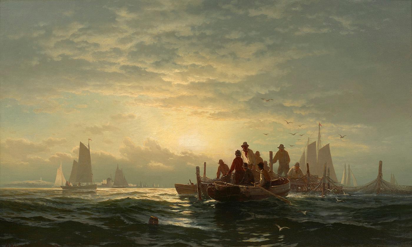 Edward Moran - Lifting the Fish Pound, Orient Bay, Long Island, New ...