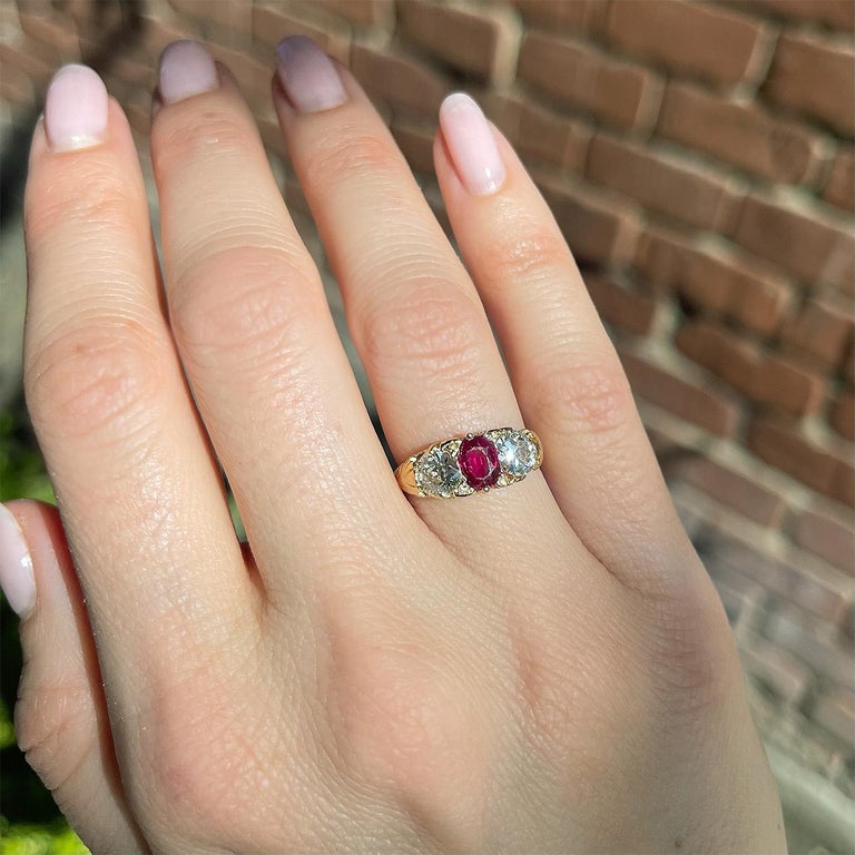 Edwardian 0.91 Carat Oval Cut Ruby and Old European Cut Diamond 3-Stone ...