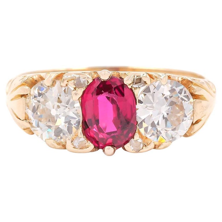 Edwardian 0.91 Carat Oval Cut Ruby and Old European Cut Diamond 3-Stone ...