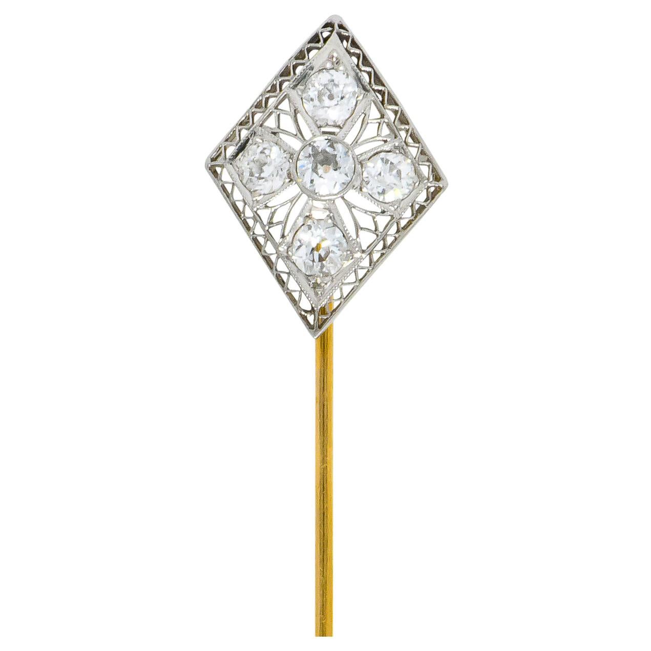 Edwardian 1.00 Carat Old European Cut Diamond Platinum Cross Stickpin ...