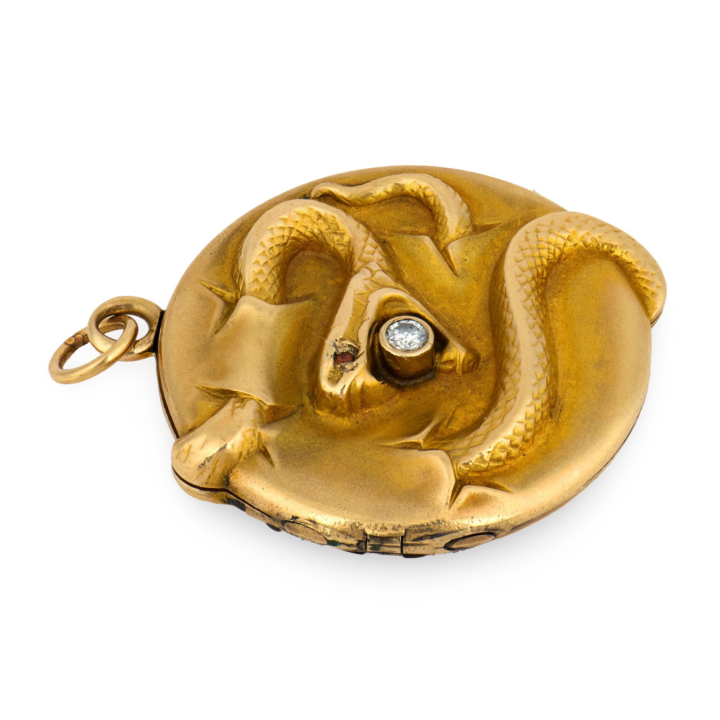 Edwardian 10k Diamond and Garnet Repousse Snake Locket Pendant For Sale ...