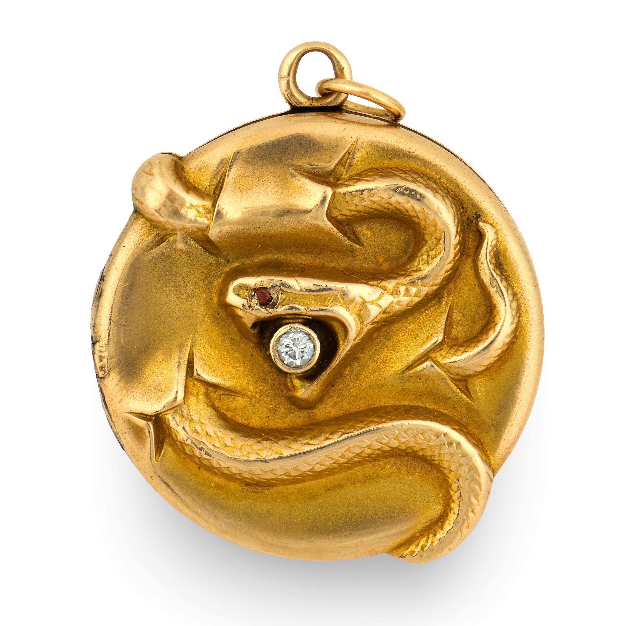 Edwardian 10k Diamond and Garnet Repousse Snake Locket Pendant For Sale ...