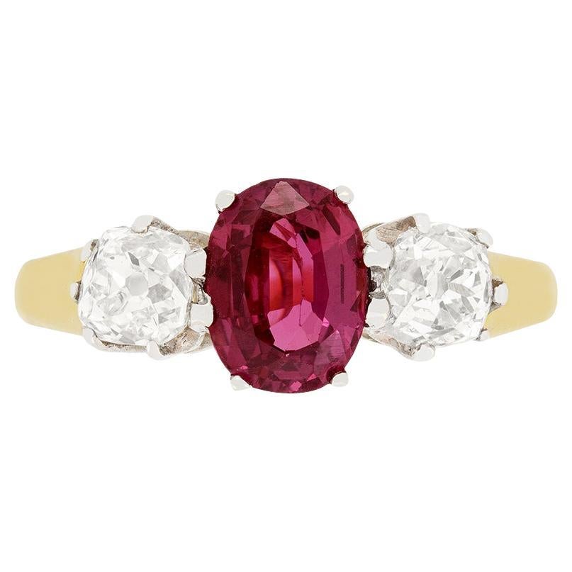 Victorian .98 Ct Ruby Diamond 18 Kt Trilogy Ring For Sale at 1stDibs