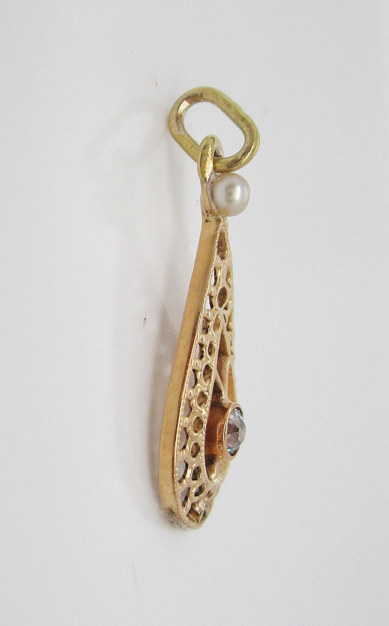 Edwardian 14 Karat Yellow Gold Diamond and Pearl Pear Shaped Moveable ...