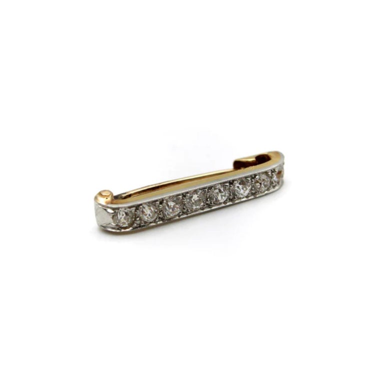 Edwardian 14K Gold Platinum Topped Old Mine Cut Diamond Bar Pin For ...