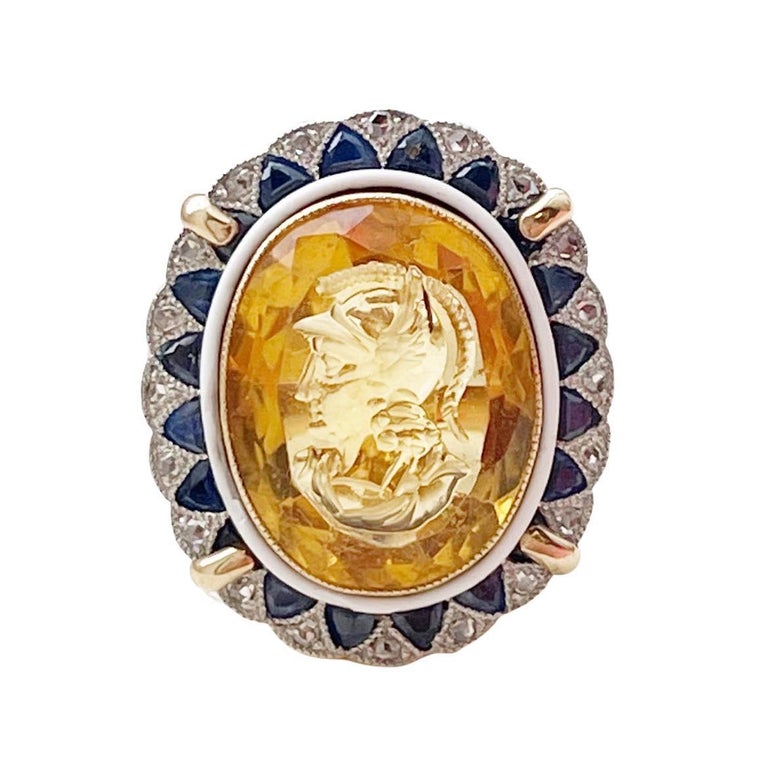 Edwardian 14k Platinum Citrine Cameo Diamond and Sapphire Halo Cocktail ...