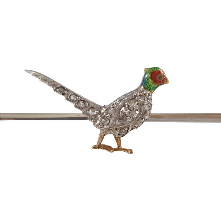 Edwardian 15 Carat Gold, Platinum, Diamond and Enamel Pheasant Pin ...
