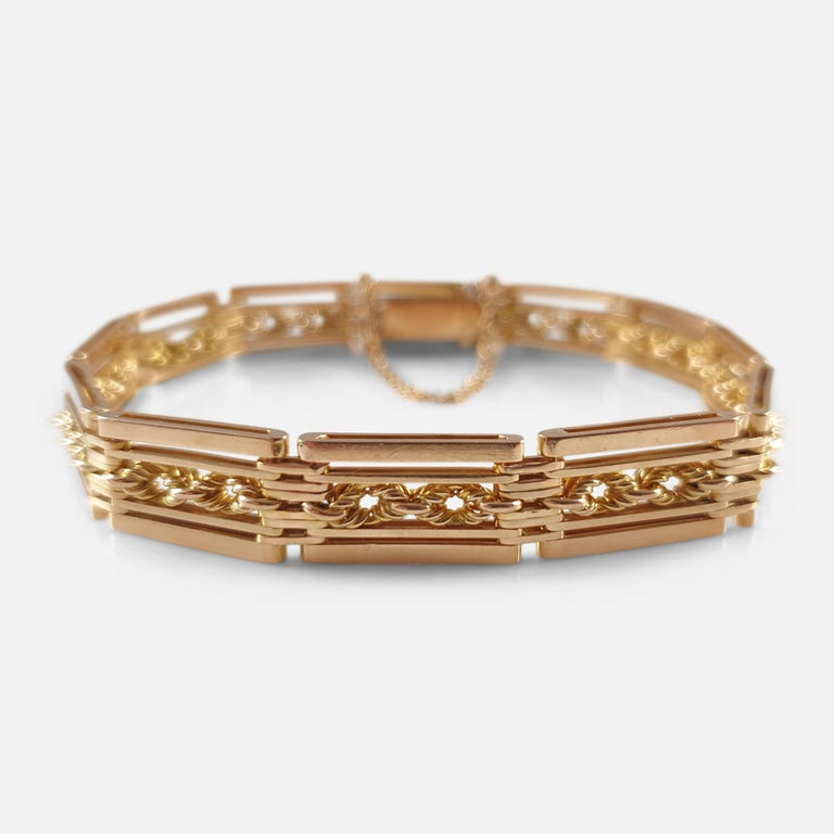 Edwardian 15 Karat Yellow Gold Fancy Gate Link Bracelet 26.3 Grams For ...