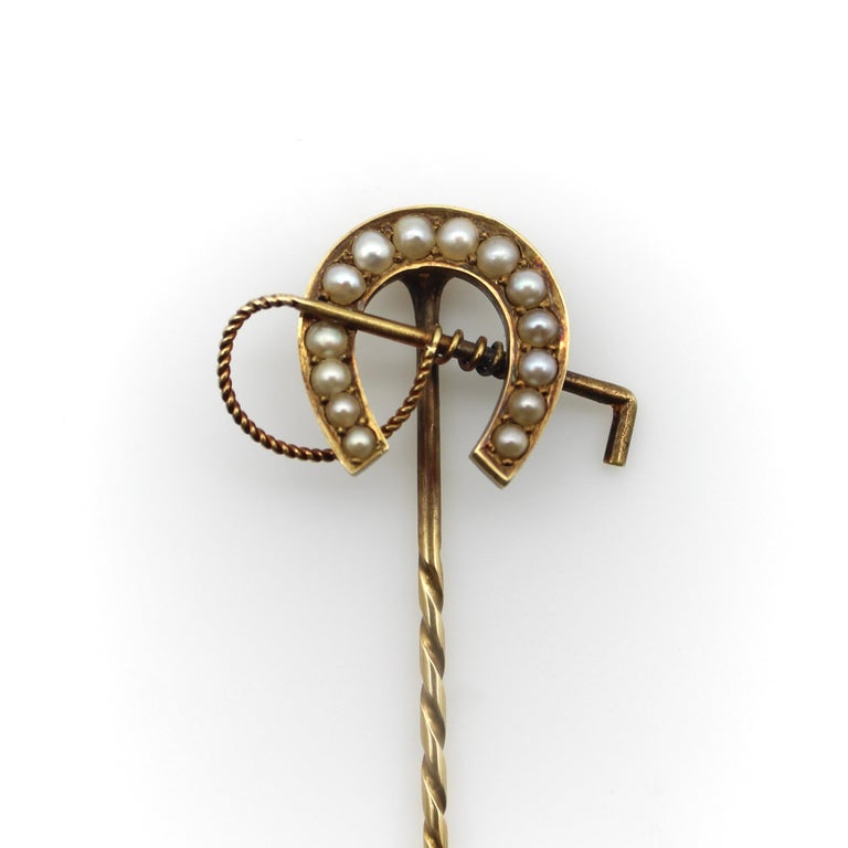 Edwardian 15k Gold and Pearl Horseshoe Stick Pin For Sale at 1stDibs