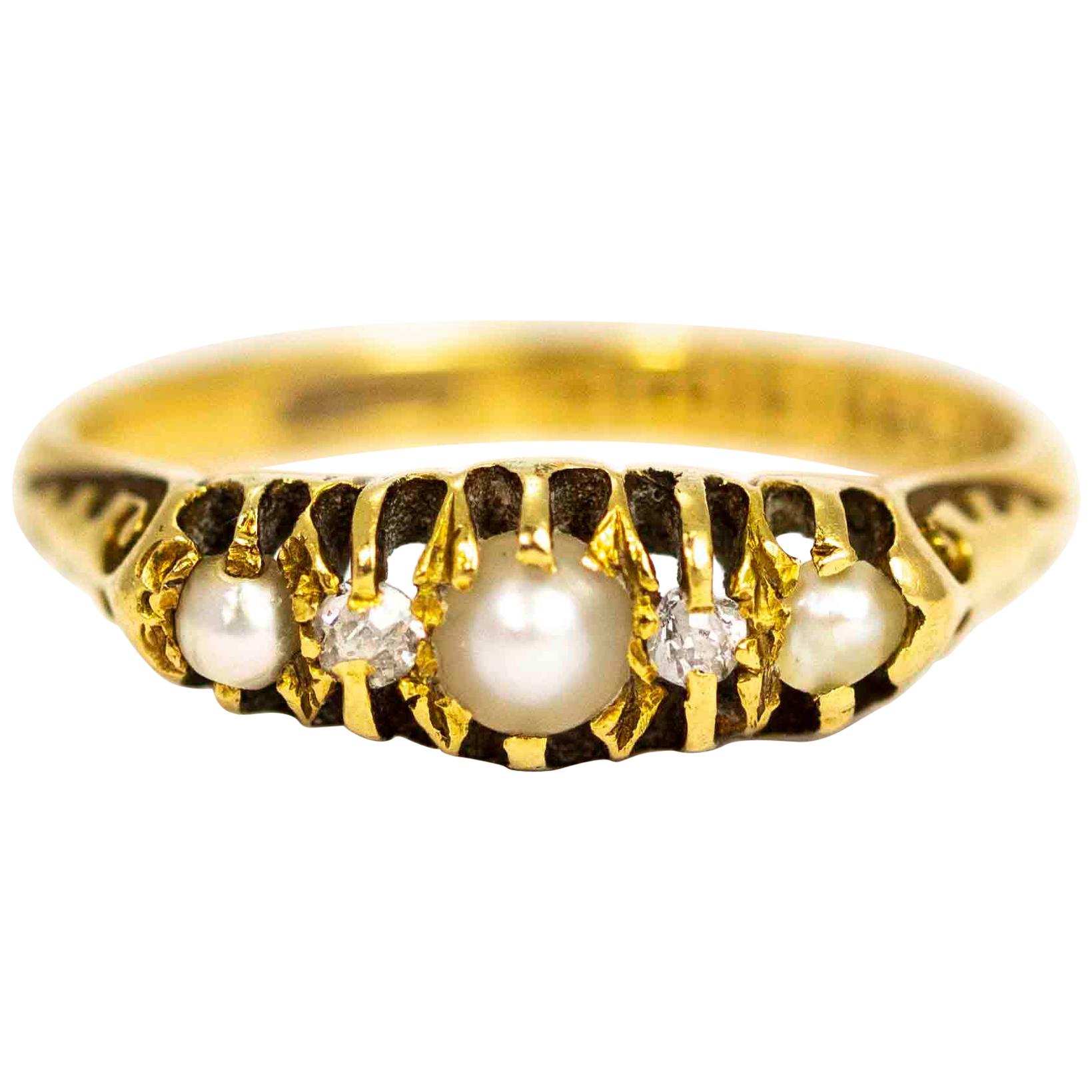 Edwardian 18 Carat Gold Pearl and Turquoise Five-Stone Ring For Sale at ...