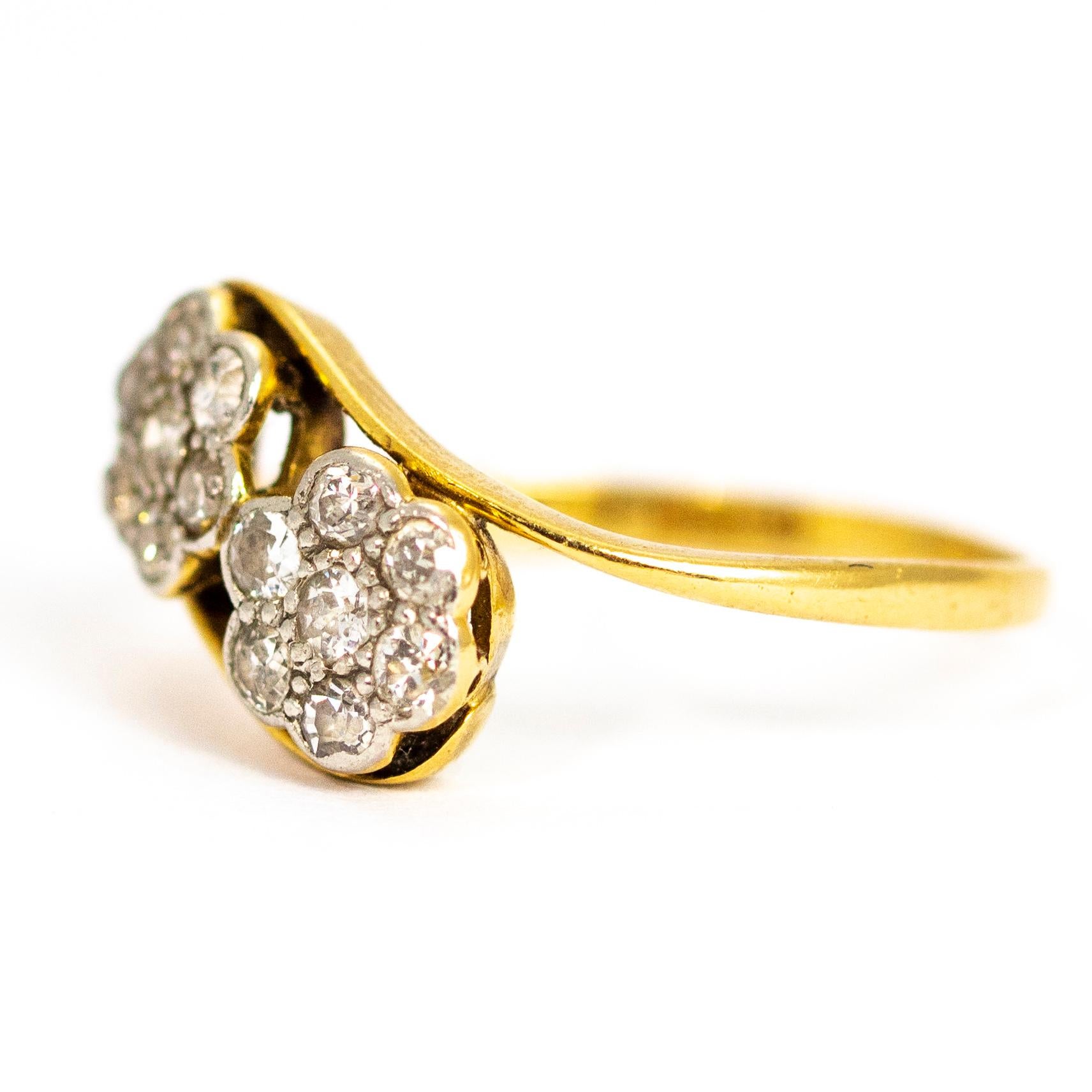 Edwardian 18 Carat Gold Diamond Cluster Cross-Over Ring For Sale at 1stDibs