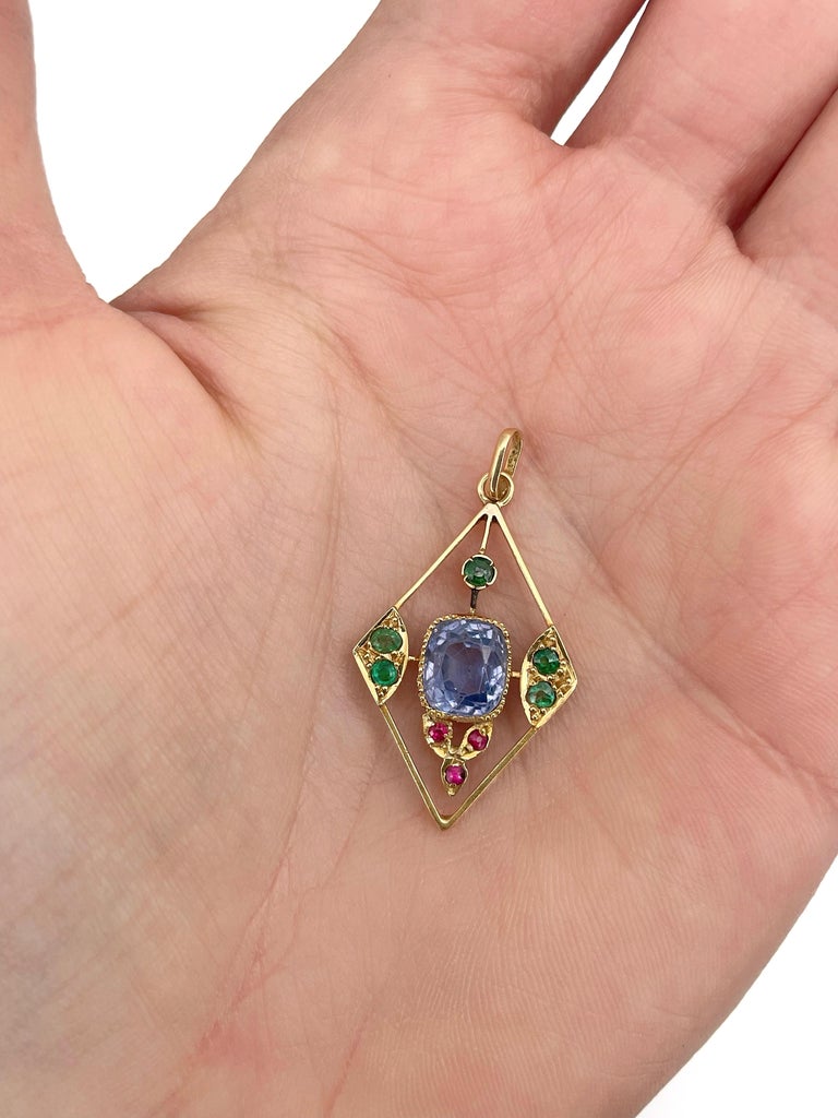 Edwardian 18 Karat Gold 2.35 Carat Sapphire Emerald Ruby Rhombus ...