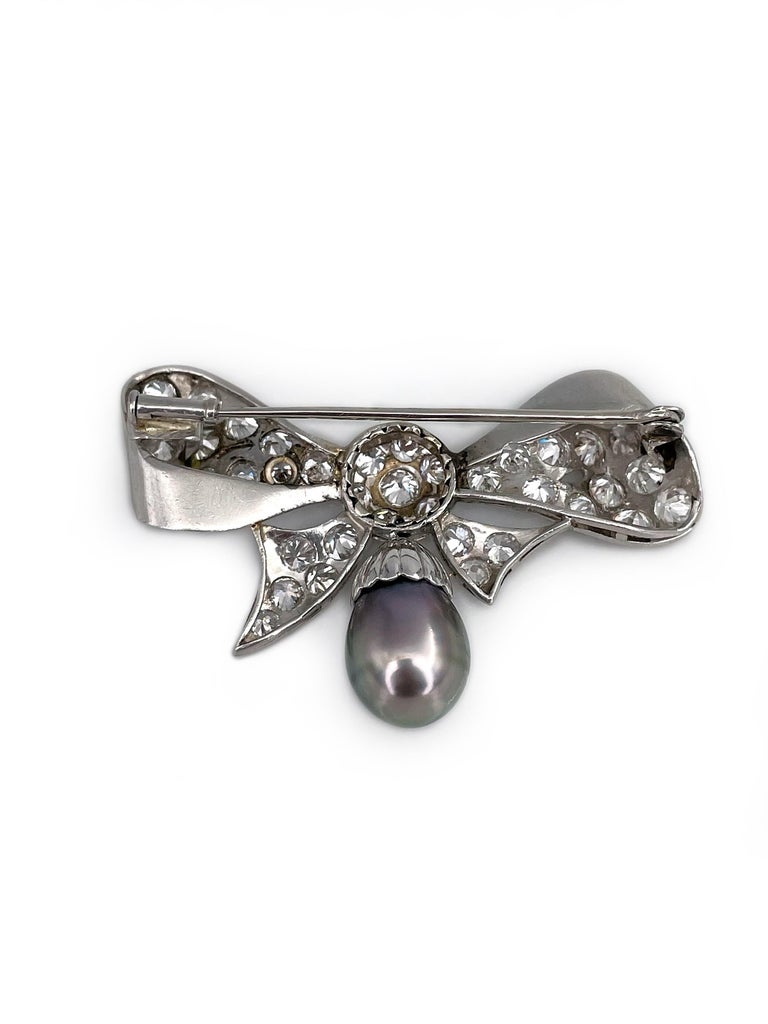 Edwardian 18 Karat Gold Old Cut Diamond Tahitian Pearl Bow Drop Pin ...