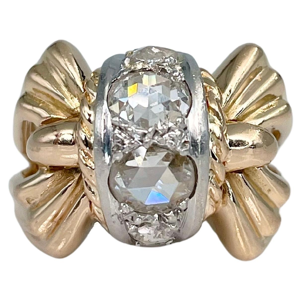 Edwardian 18 Karat Yellow Gold Rose Cut Diamond Bow Shape Cocktail Ring ...
