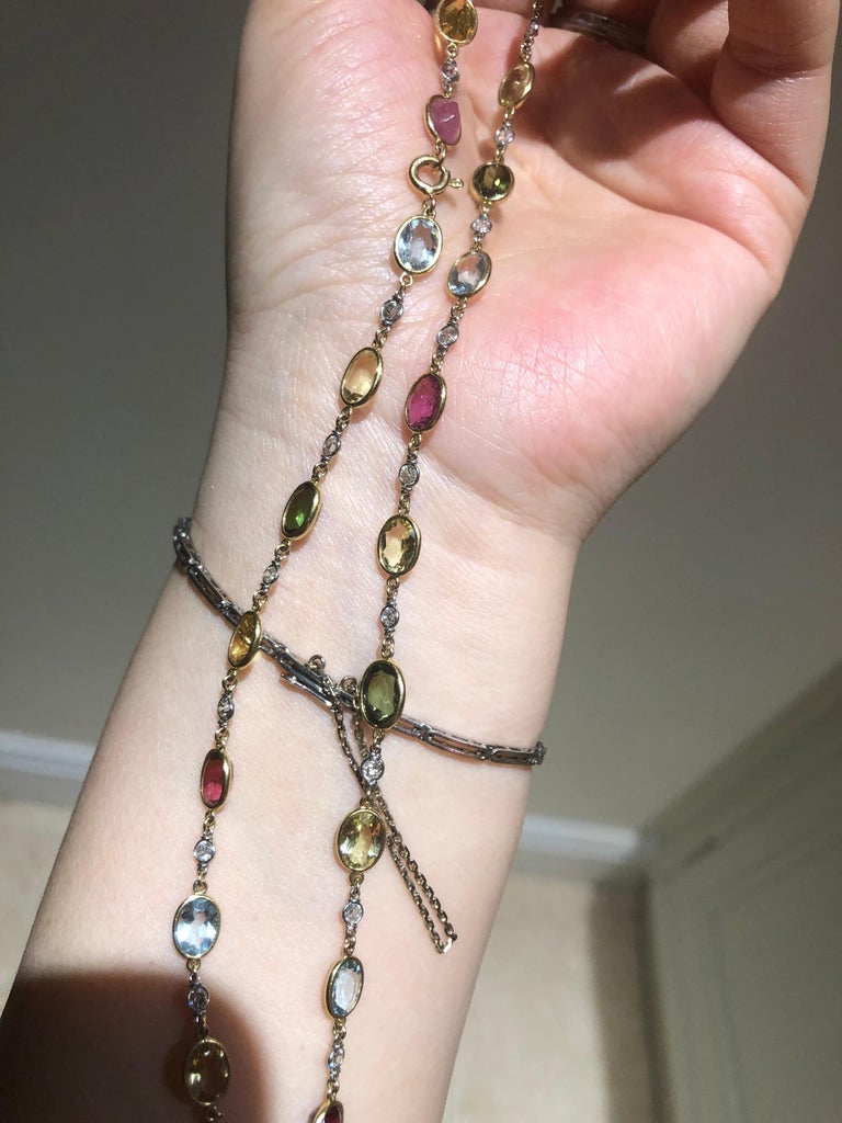 Edwardian 18 Karat Yellow Gold Multi-Color Gemstone Diamond Necklace ...